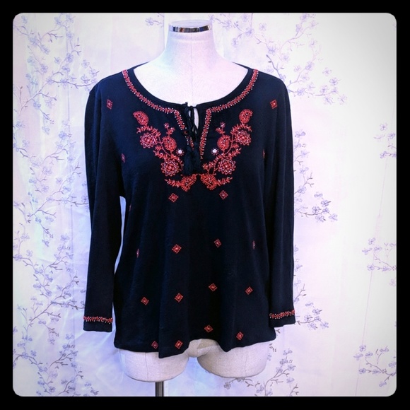Talbots | Tops | Talbots Embroidered Cotton Top Navy Blouse L | Poshmark